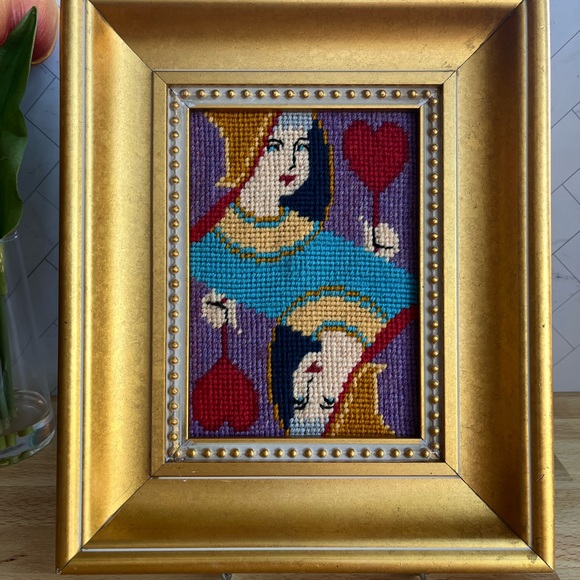 Art | Vintage Queen Of Hearts Needlepoint In Chunky Gold Frame | Poshmark
